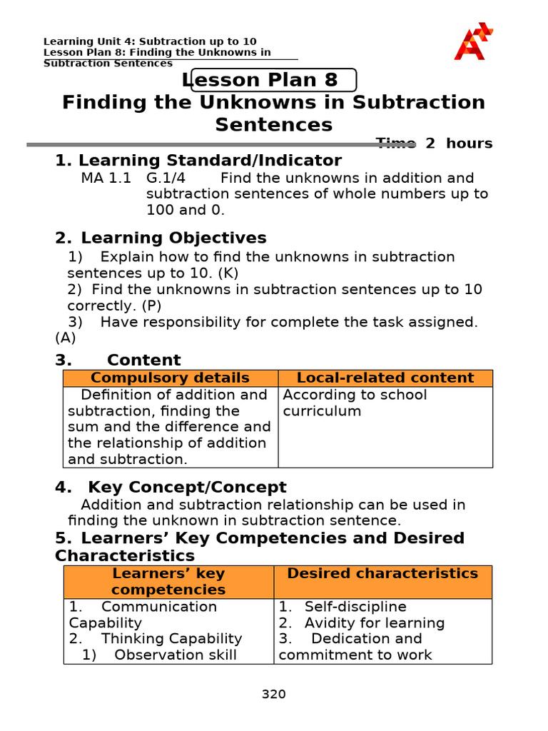 Lesson Plan 4-8 Finding The Unknowns in Subtraction Sentences | PDF ...