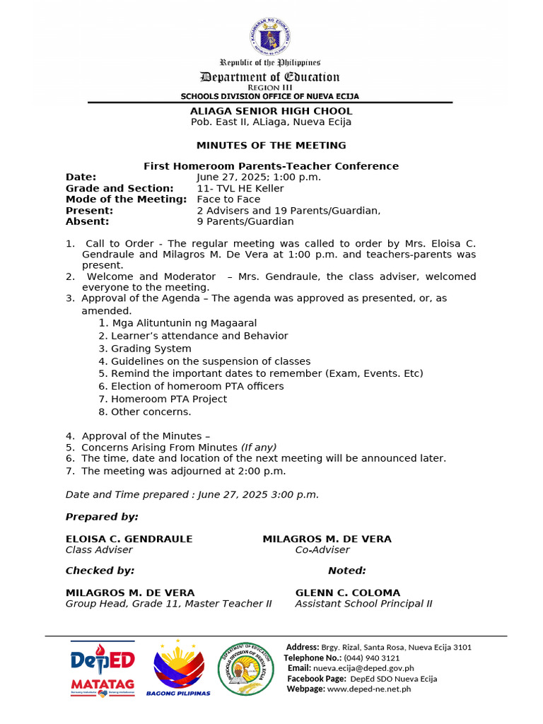 Minutes of Meeting - 1st PTA | PDF | Behavior Modification | Learning