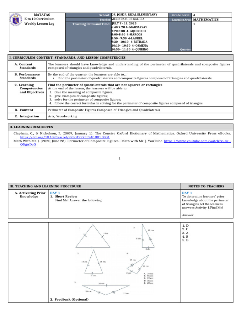 DLL Matatag - Math 4 Q1 W4 | PDF | Shape | Length