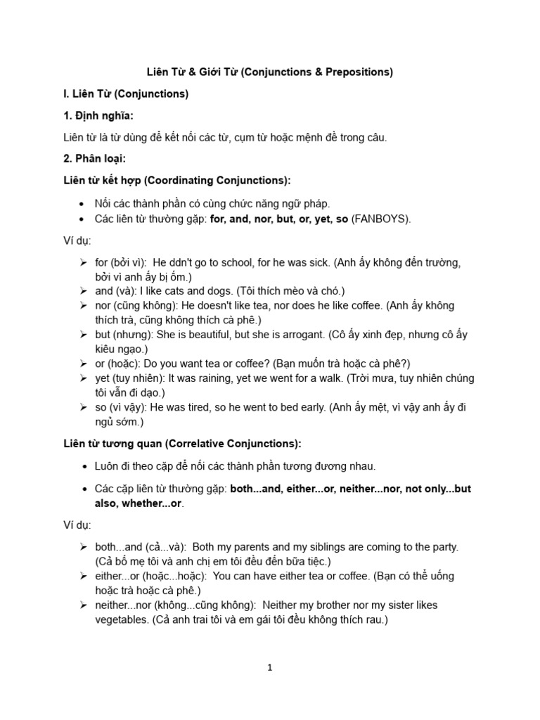 Liên T Gi I T (Conjunctions & Prepositions) | PDF