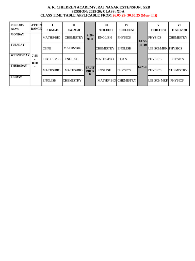 Xia Class Time Table | PDF