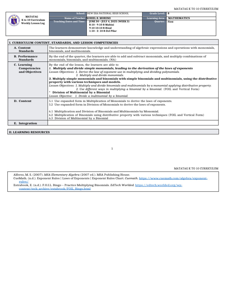 DLL Matatag - Mathematics 8Q1 W3 | PDF | Division (Mathematics) | Polynomial