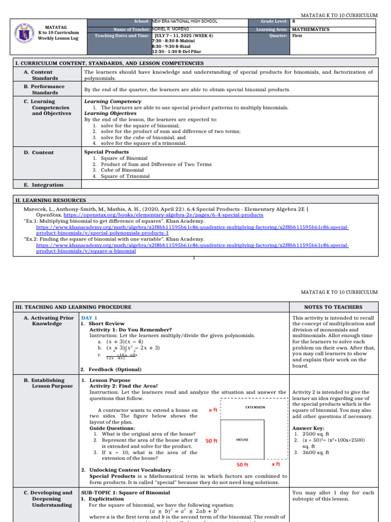 Grade 8 Mathematics Weekly Lesson Log | PDF | Factorization | Teachers