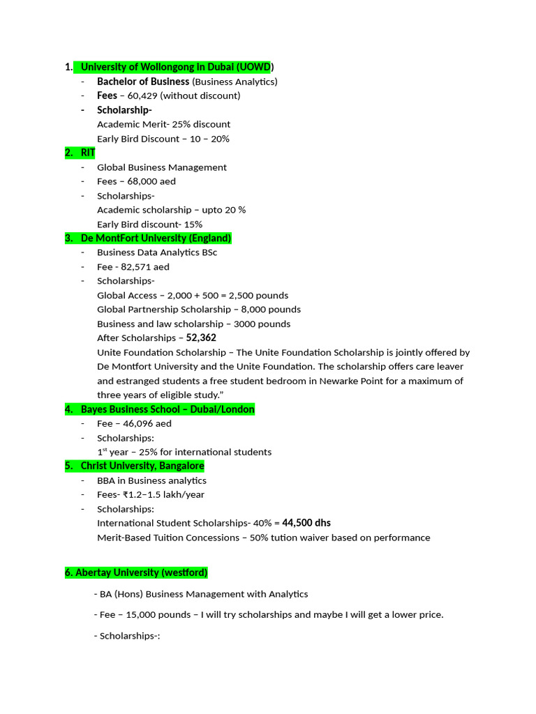 UOWD Fees and Scholarships Overview | PDF