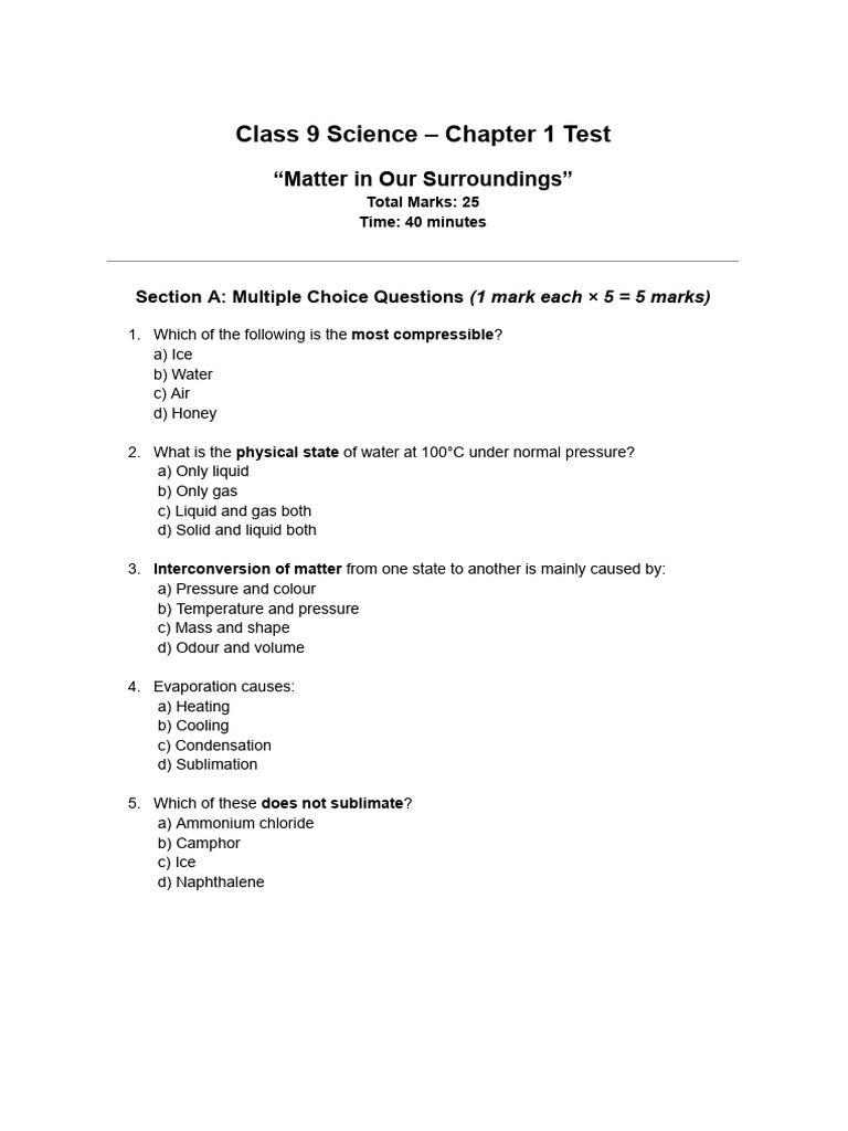 ANSH - Class 9 Science - Chapter 1 Test | PDF