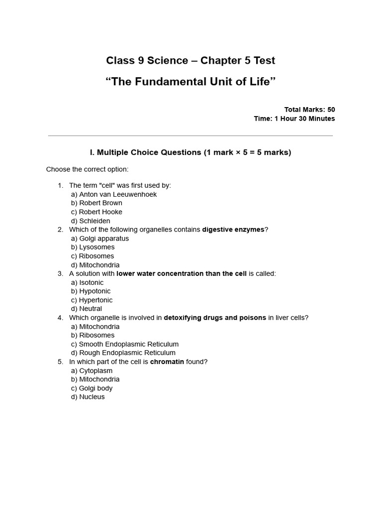 Class 9 Science - Chapter 5 Test | PDF | Cell (Biology) | Organelle