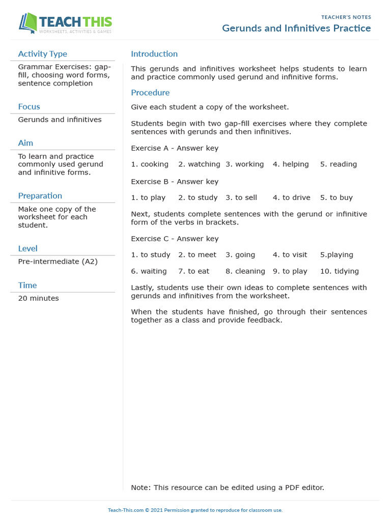 Gerunds and Infinitives Practice | PDF | Linguistic Typology | Grammar