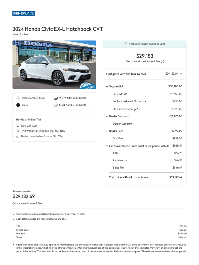 2024 Honda Civic EX-L Hatchback CVT - Beneplace | PDF | Fee | Taxes