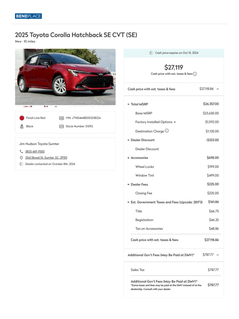 2025 Toyota Corolla Hatchback SE CVT (SE) - Beneplace | PDF | Taxes | Fee