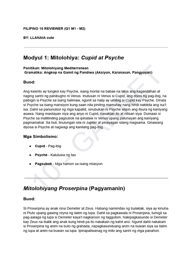Filipino 10 Reviewer (Q1 M1 - M2) | PDF