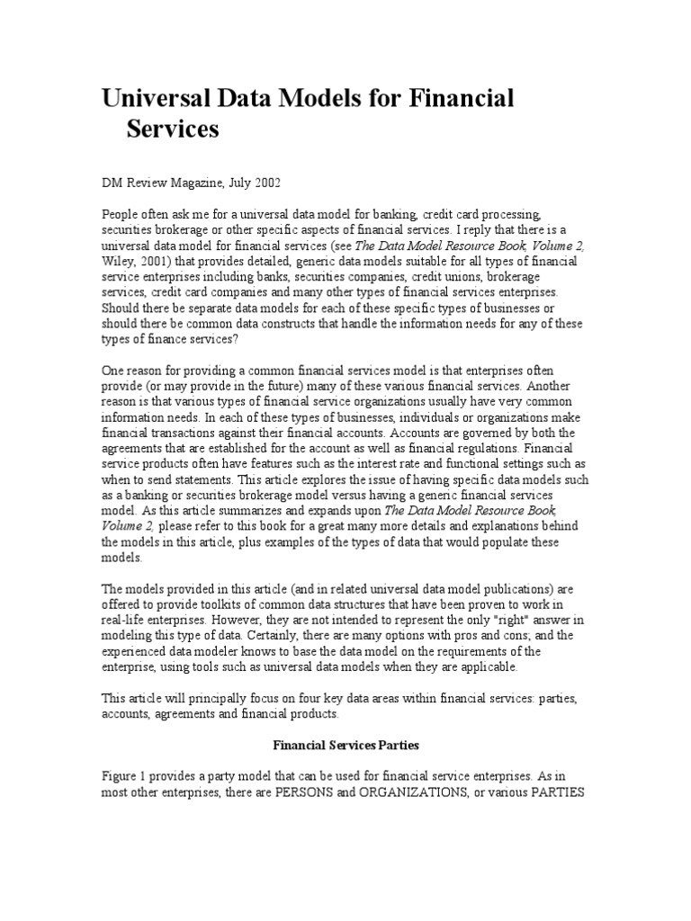 Universal Data Models For Financial Services | PDF | Data Model | Banks