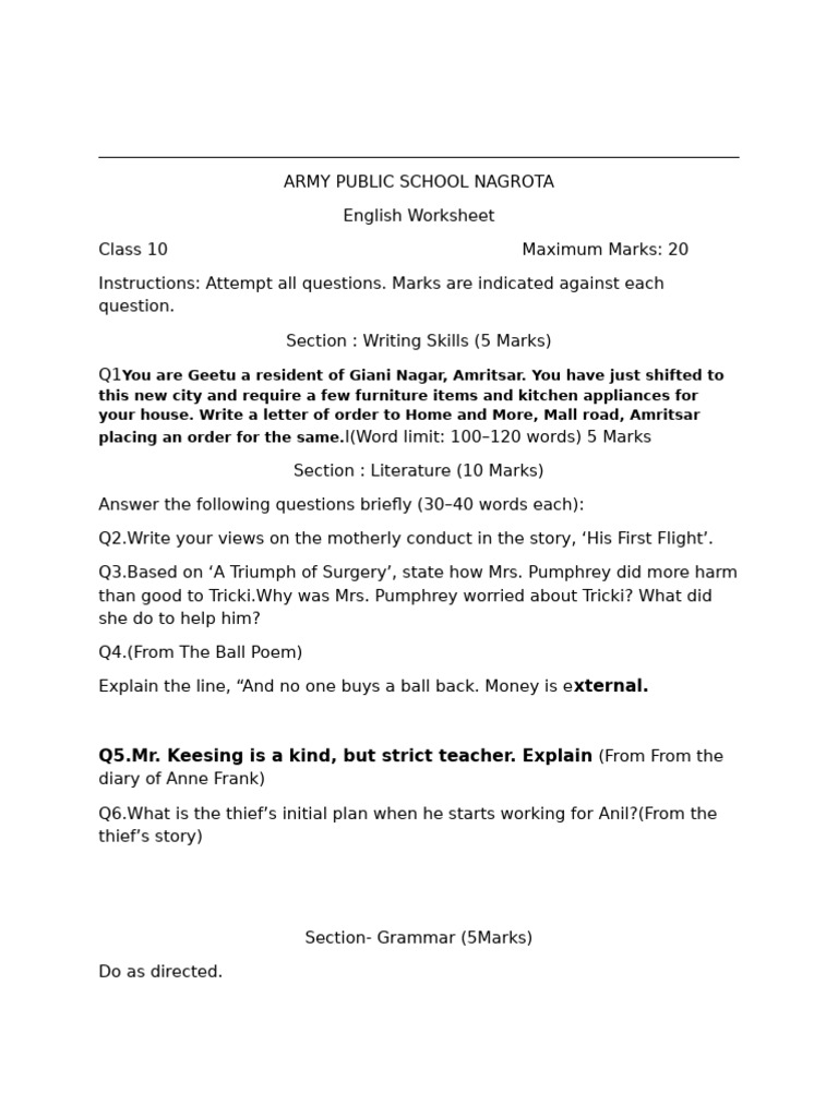 Class 10 English Worksheet - Army Public School | PDF