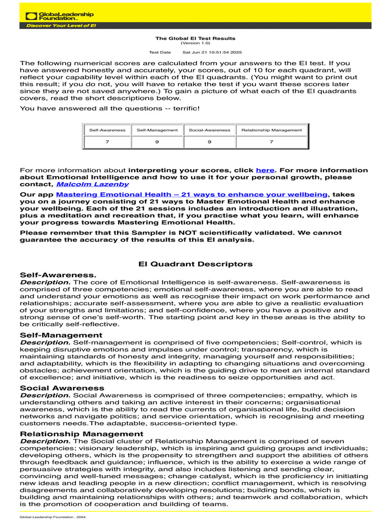 Emotional Intelligence Test - Results | PDF | Emotional Intelligence ...