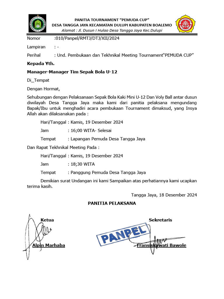 Undangan Tournament Pemuda Cup U-12 | PDF