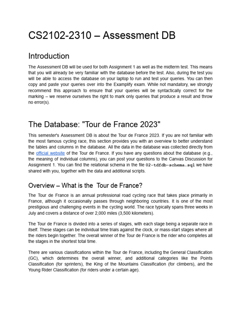 Cs2102 Assessment DB Overview | PDF | Databases | Tour De France