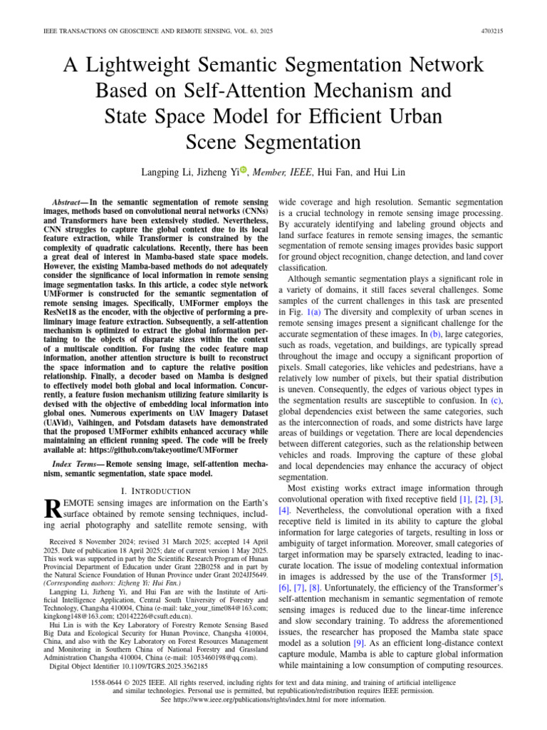 A Lightweight Semantic Segmentation Network Based On Self-Attention Mechanism and State Space ...