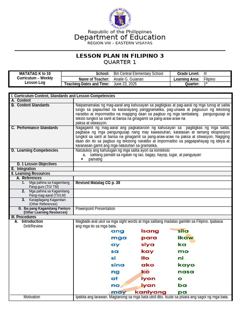 Q1 - Filipino Week 2 Day 1 | PDF
