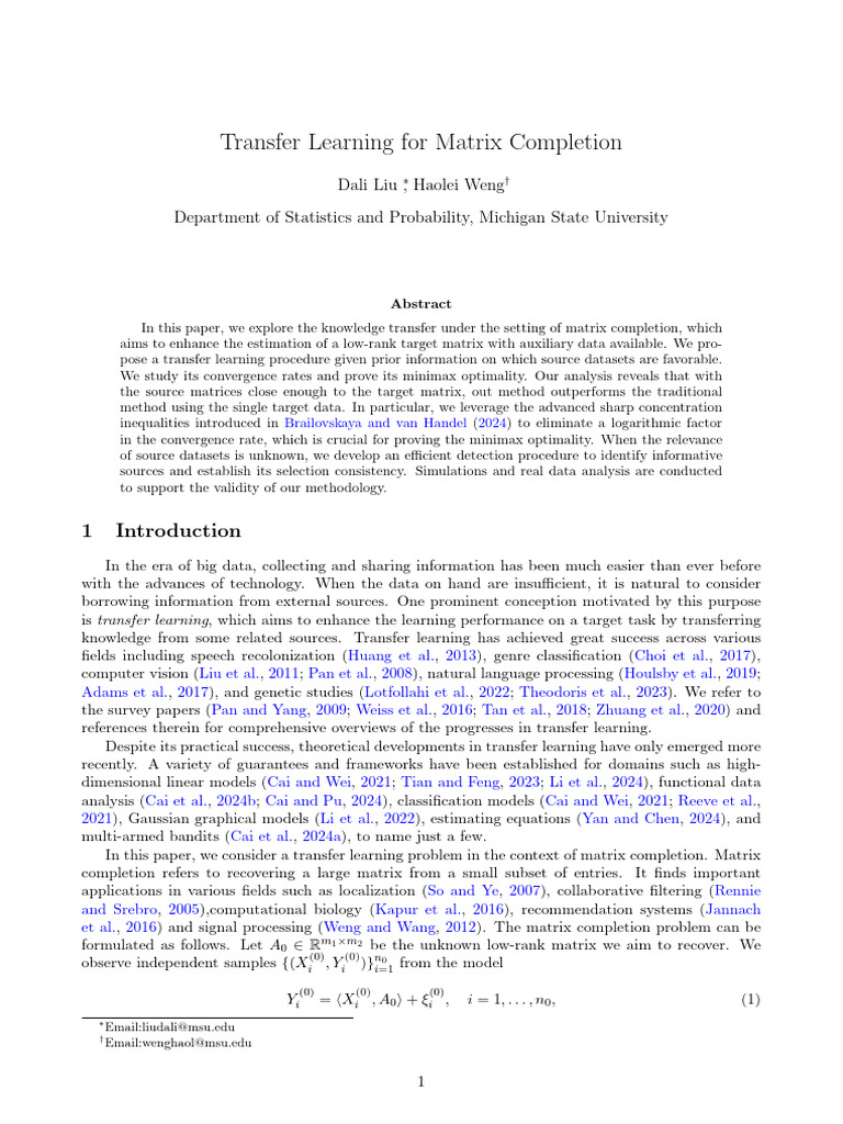 Transfer Learning For Matrix Completion | PDF | Matrix (Mathematics) | Regression Analysis