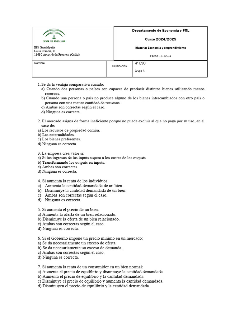 Ex Tema 1 y 2 Eco 4ºB - 2024-25 - Simul - Guadalpeña - 85 - 250219 - 175752 | PDF | Precios ...
