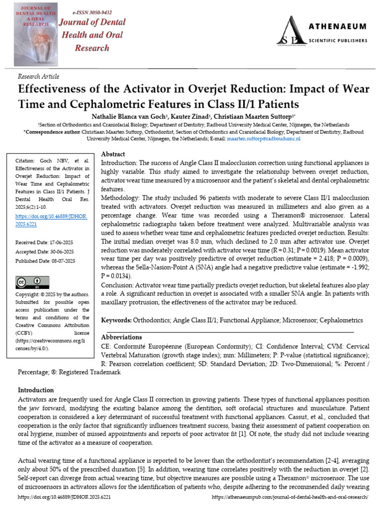 Effectiveness of The Activator in Overjet Reduction Impact of Wear Time ...