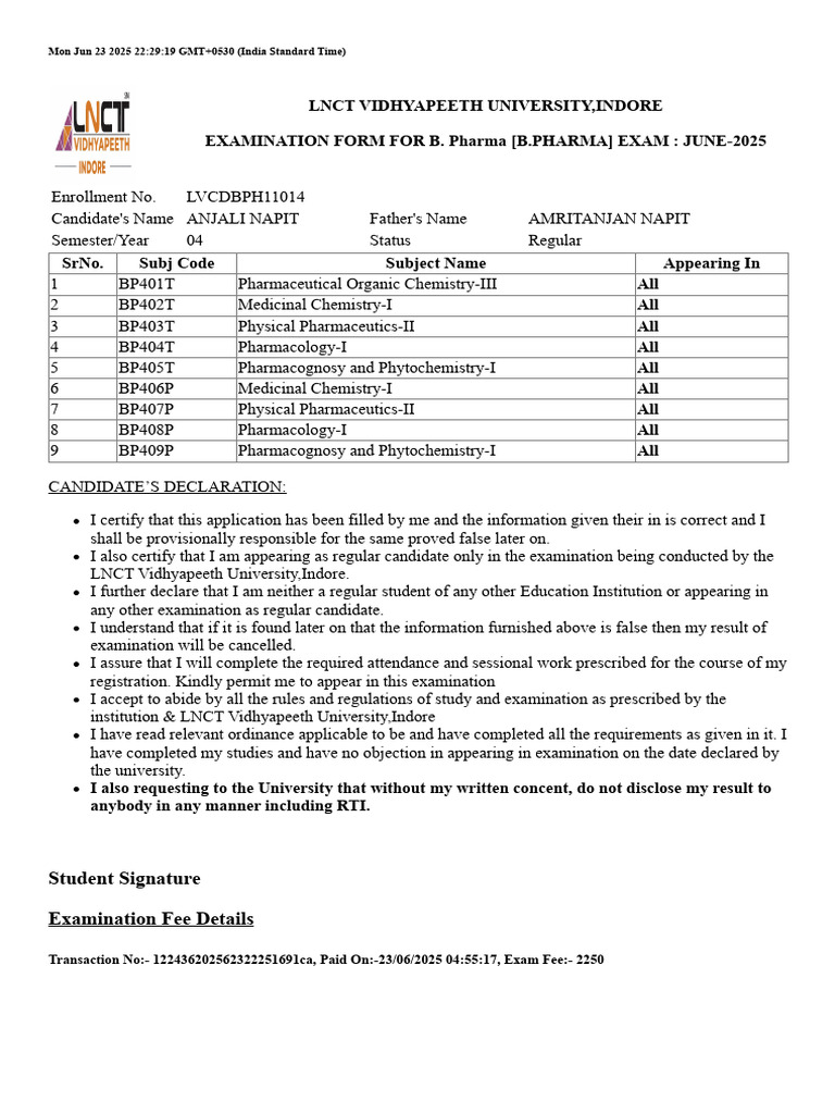 Student Examination Form | PDF