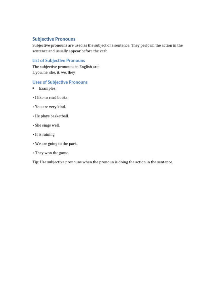 Subjective Pronouns | PDF