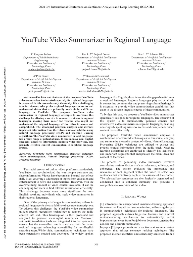 YouTube Video Summarizer in Regional Language | PDF | Speech Recognition | Cognitive Science