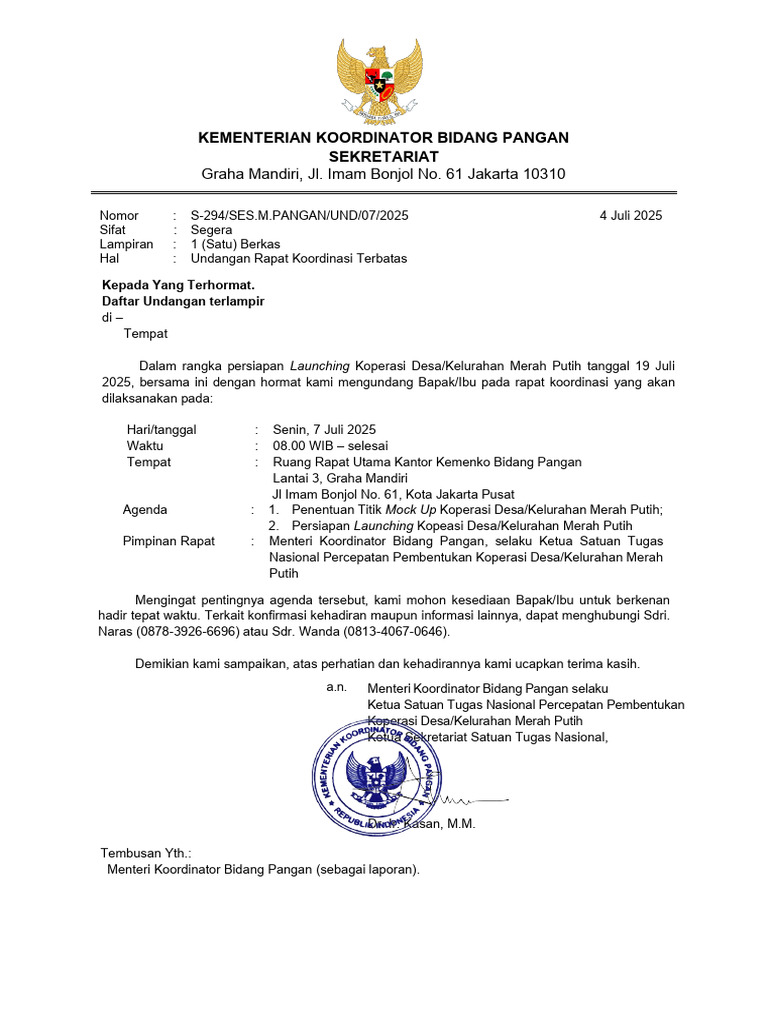 S-294 - KL Pusat Dan BUMN - Und Rakor Persiapan Launching KDKMP 7 Juli 2025 - Signed | PDF