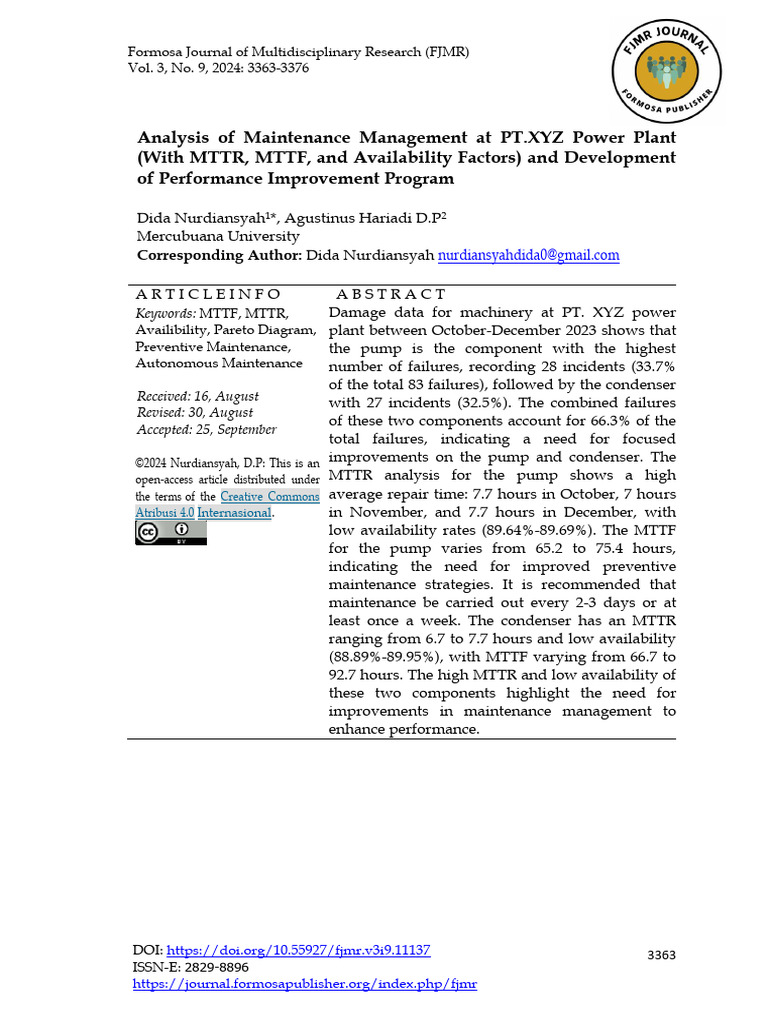 Maintenance Management Analysis at PT. XYZ | PDF | Reliability ...