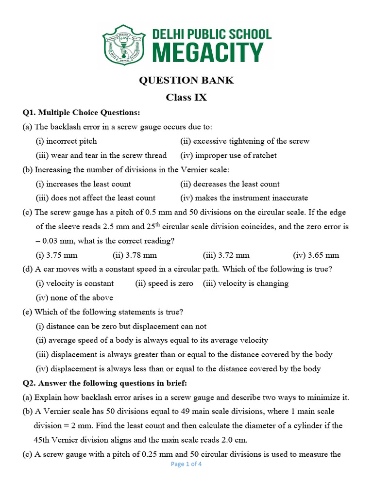 CLASS IX (QUESTION BANK) Topics From 1st Review Test | PDF | Speed