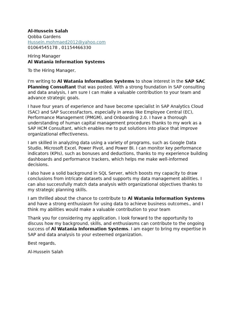 Cover Letter - Hussien Salah - SAC | PDF