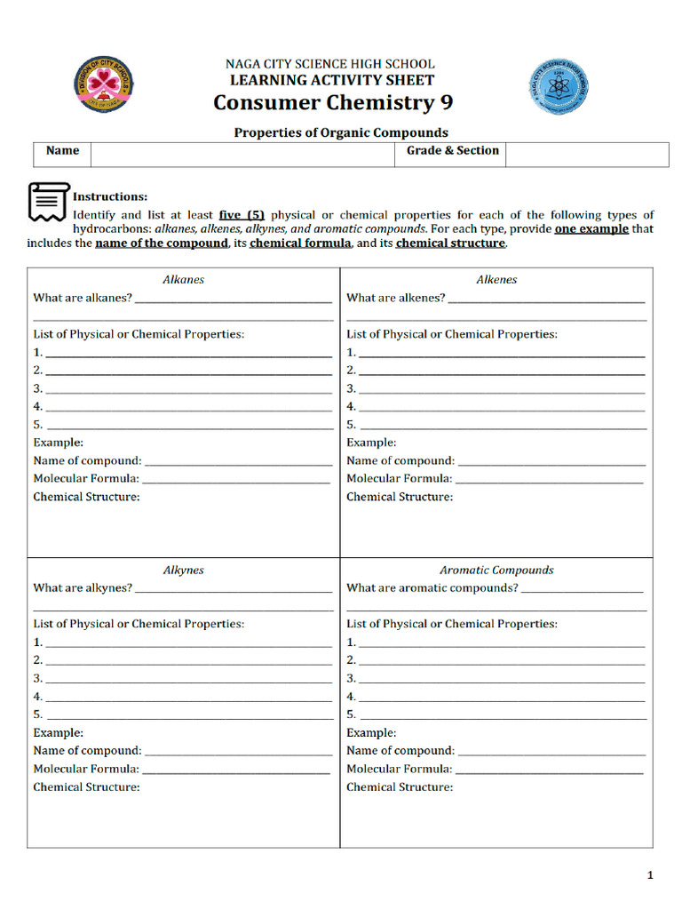 Properties of Organic Compounds Worksheet | PDF