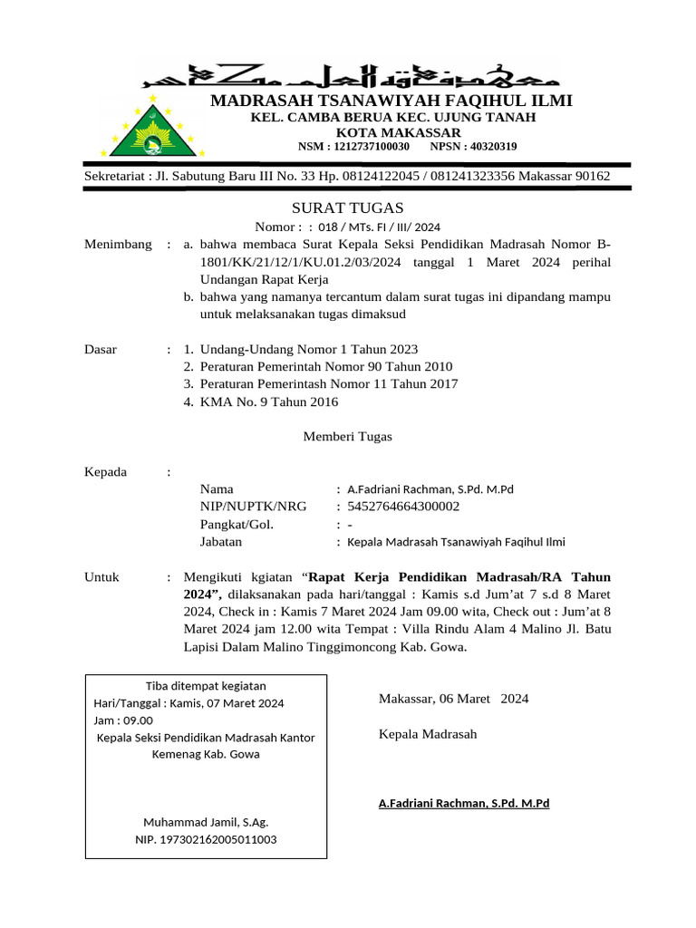 Surat Tugas Rapat Kerja Madrasah 2024 | PDF
