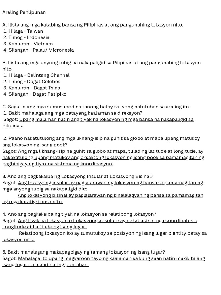 Araling Panlipunan A. Ilista Ang Mga Katabing Bansa NG Pilipinas at Ang Pangunahing Lokasyon ...