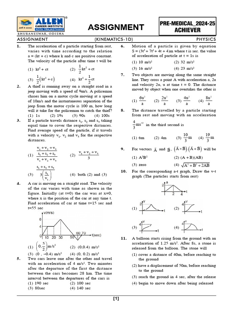 03 Assi 03 Kinematics-1d Neet SC | PDF | Acceleration | Velocity