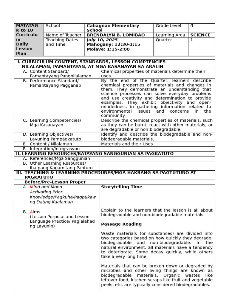 Q1w1d2lesson Plan Science 10 July 2025 | PDF | Biodegradation | Learning