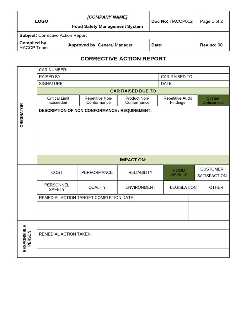 Corrective Action Report Template | PDF | Reliability Engineering | Safety