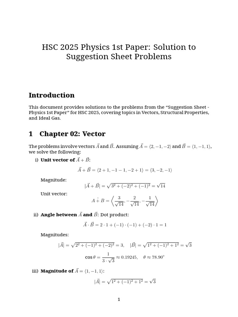 HSC 2025 Physics 1st Paper: Solution To Suggestion Sheet Problems | PDF ...