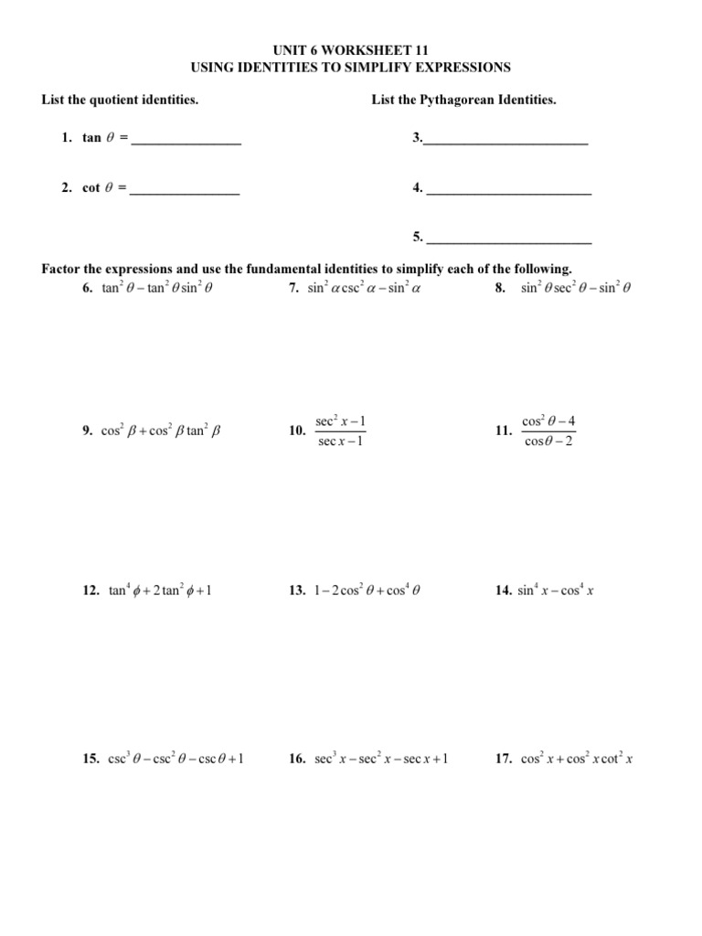 Unit 6 Worksheet 11 Simplify Expressions | PDF