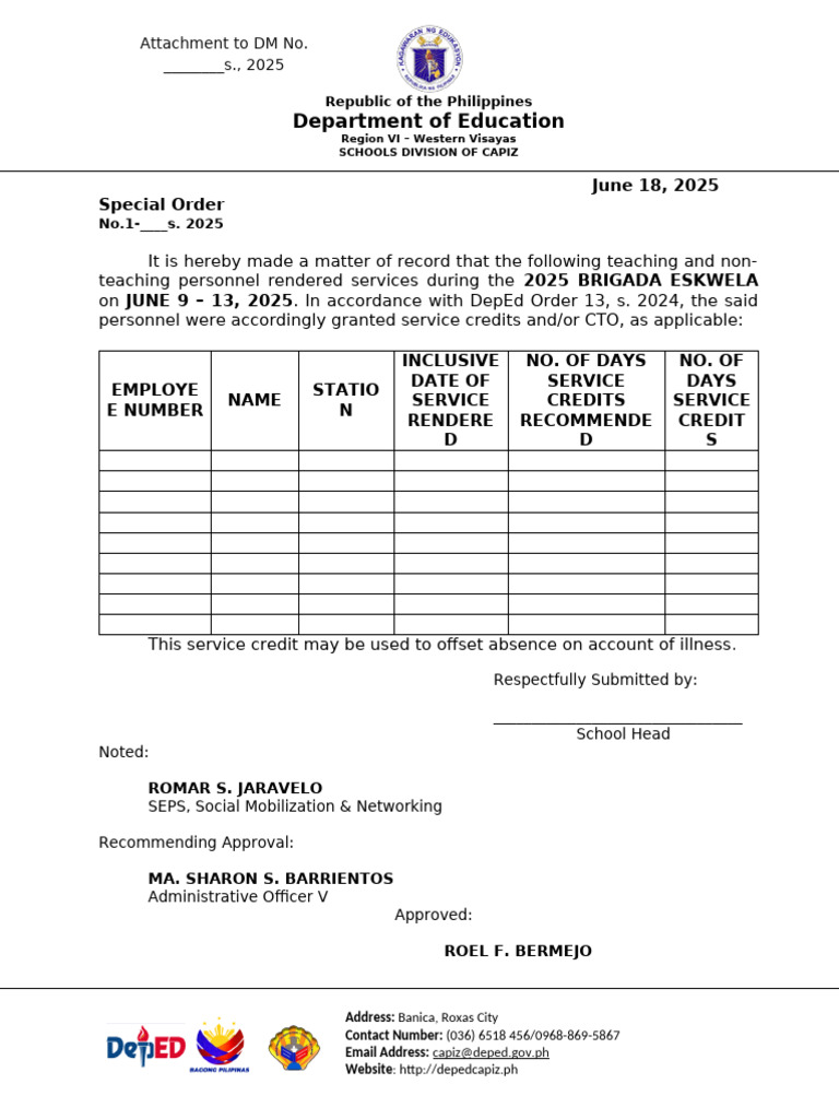 Special Order 2025 Brigada Eskwela | PDF
