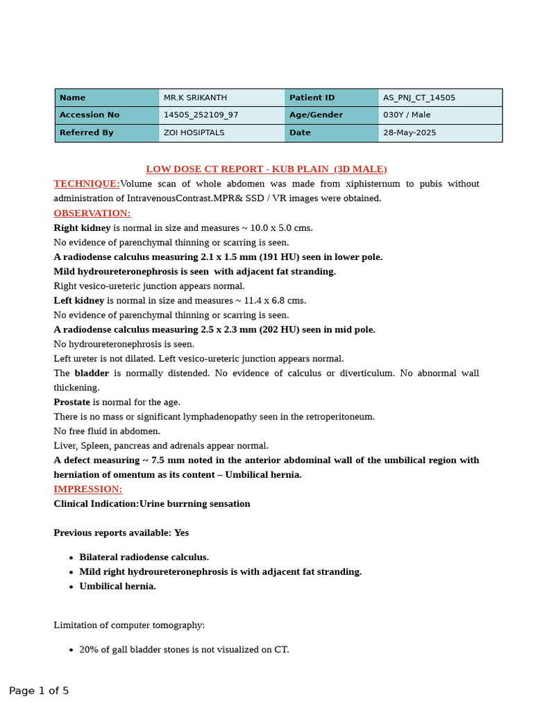 Low Dose CT Report - Kub Plain (3D Male) Technique: Observation | PDF ...