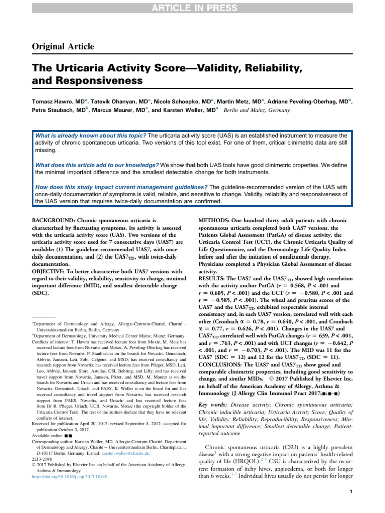 Qy - The Urticaria Activity Score-Validity, Reliability, and Responsiveness | PDF | Sensitivity ...