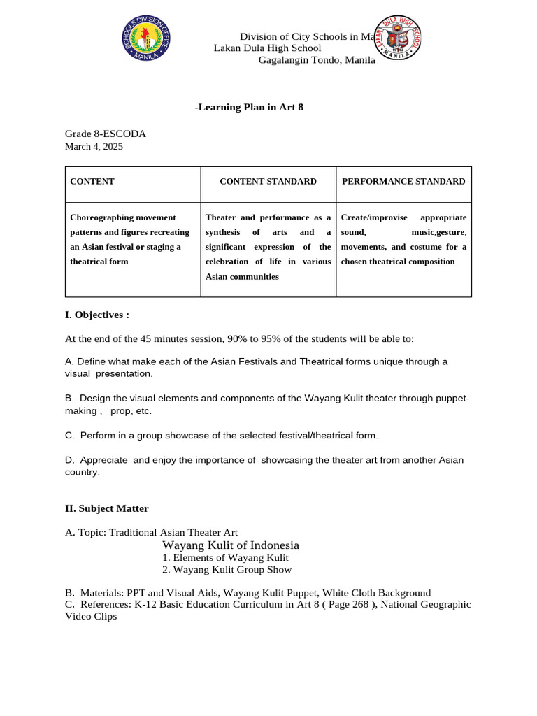 Lesson Plan For Demo Art | PDF | Theatre | Puppets