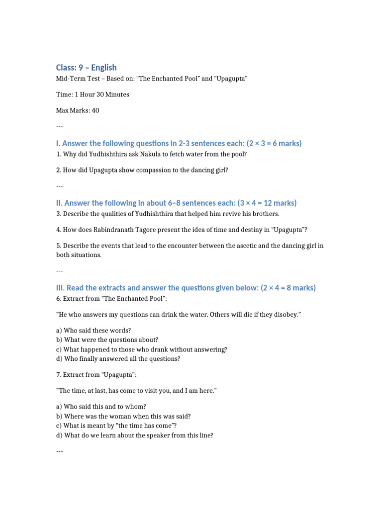 9th English Question Paper 40 Marks | PDF