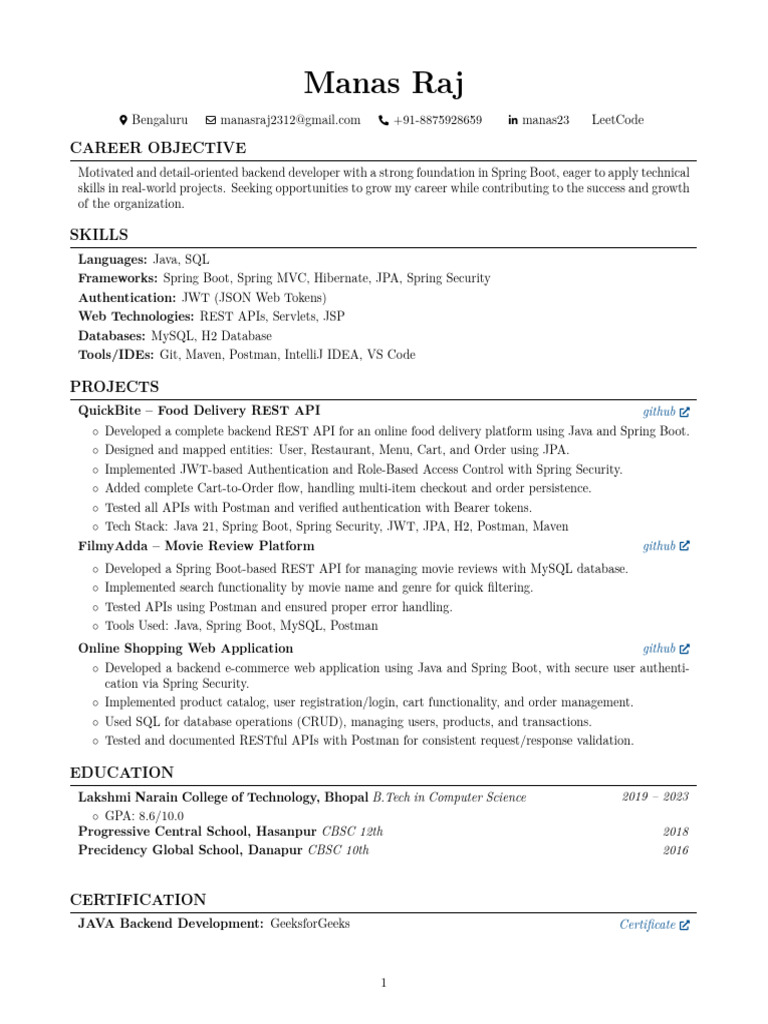 Manas Raj Software Developer-1 | PDF | Java (Programming Language) | Spring Framework