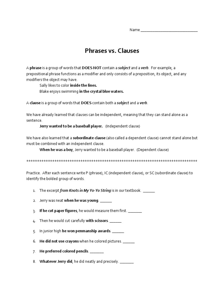 Lesson 9 - Phrases vs. Clauses | PDF | Clause | Phrase