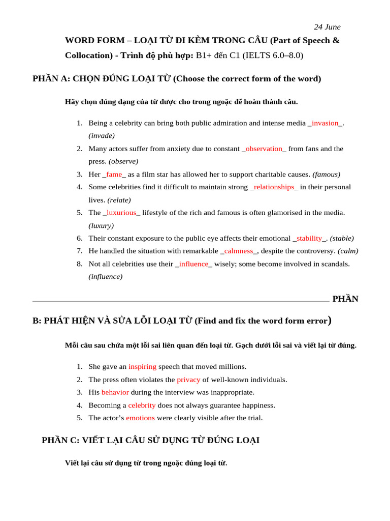 BÀI TẬP LOẠI TỪ | PDF | Celebrity | Sports