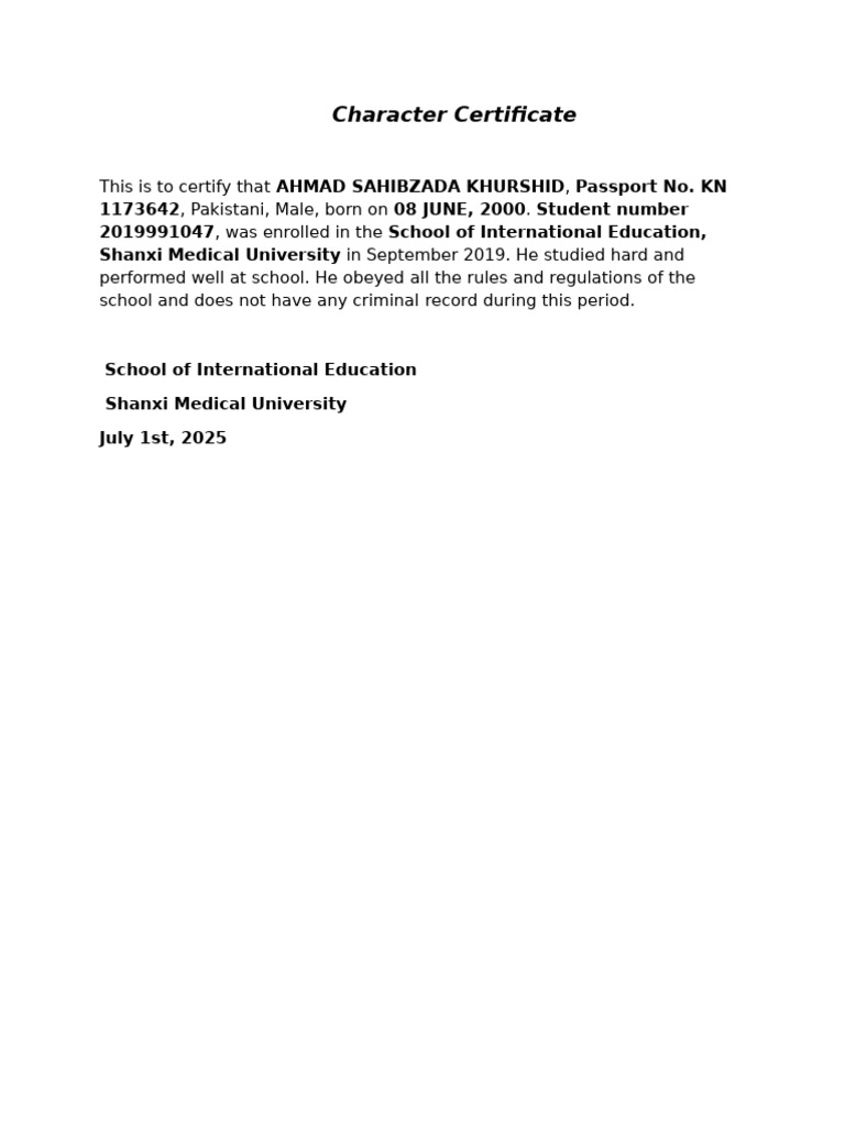 KHURSHEED Character Letter | PDF