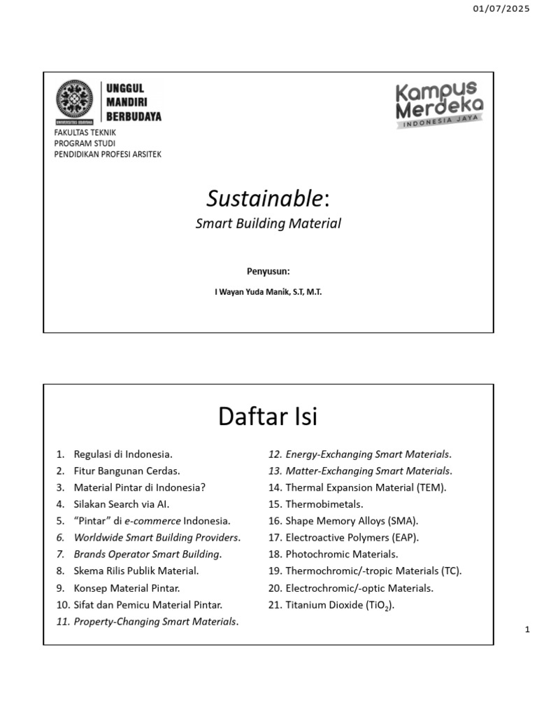 Kuliah Sustainable Smart Building Materials (IW Yuda Manik) | PDF