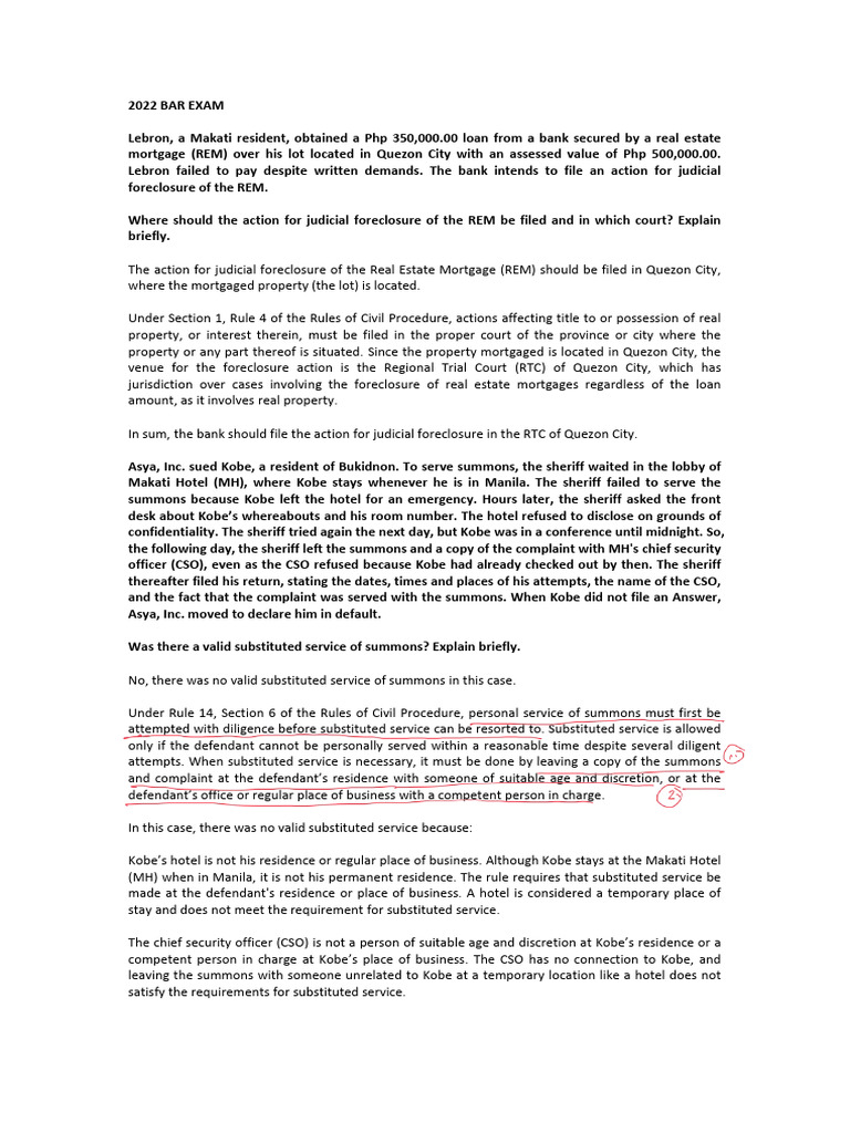 Civpro Bar Q and A 2022 2024 | PDF | Service Of Process | Injunction